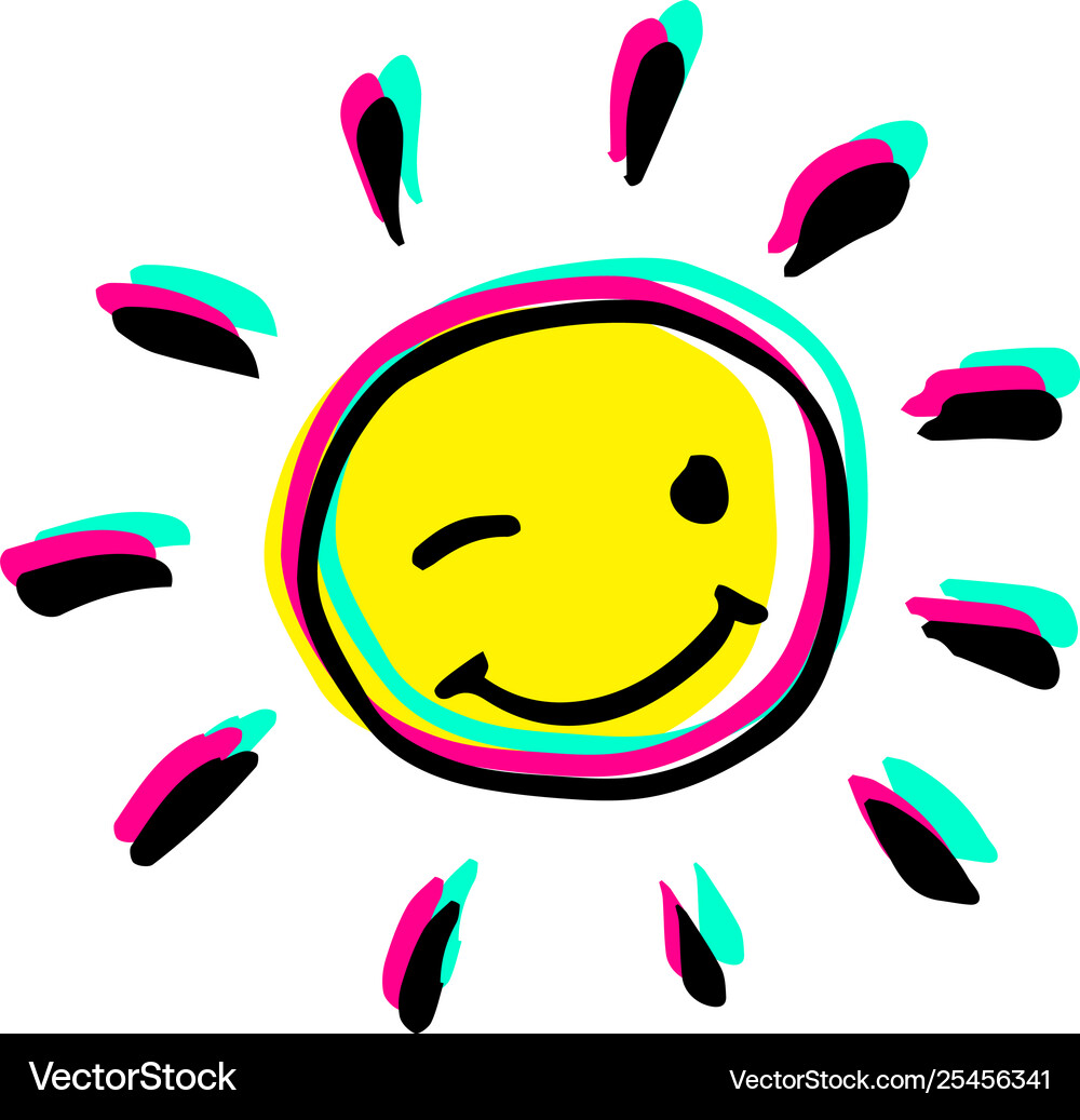 Happy winking hand drawn colorful sun Royalty Free Vector