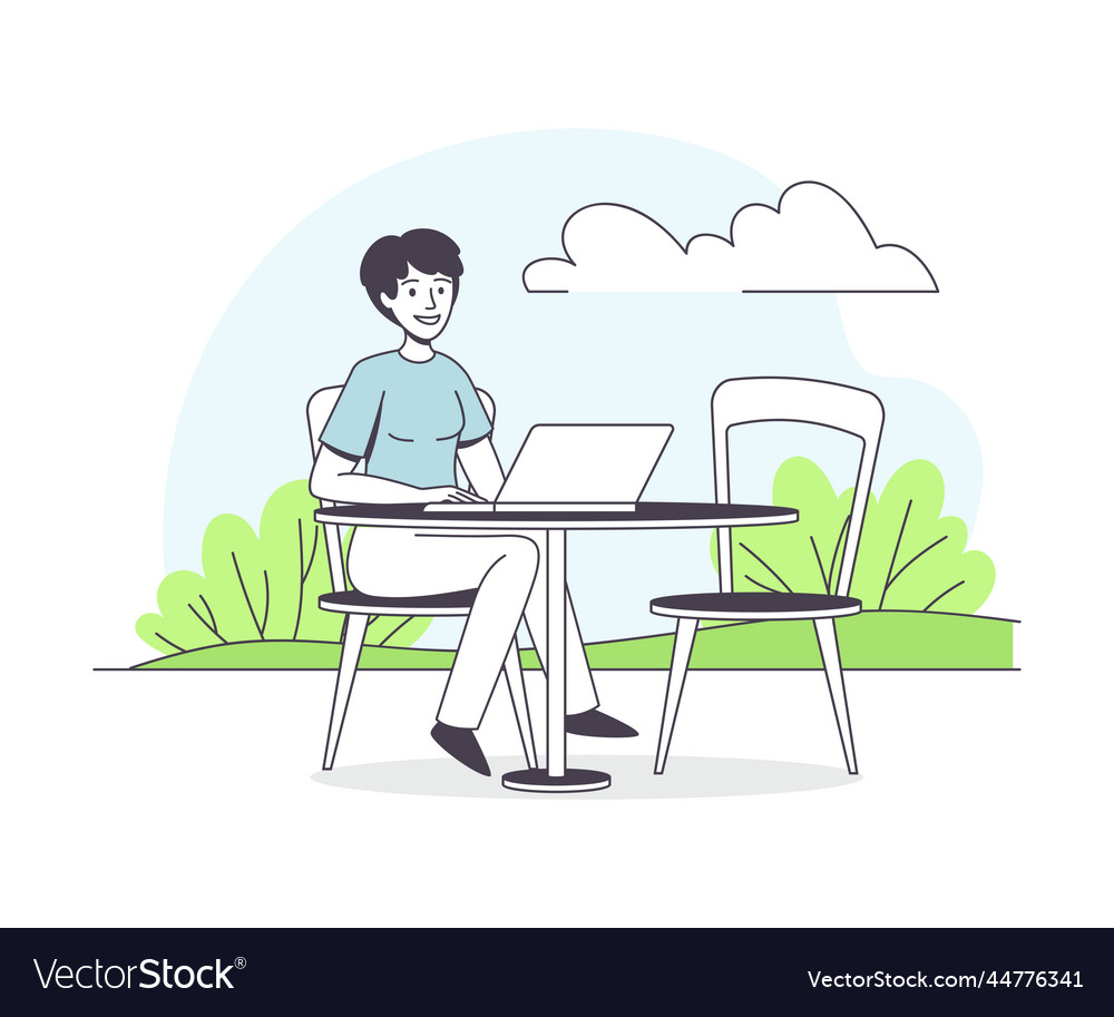 Woman character sitting at table with laptop Vector Image