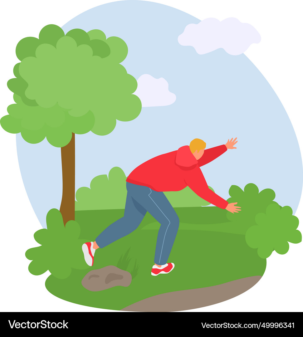 Young man in red jacket tripping over rock park Vector Image