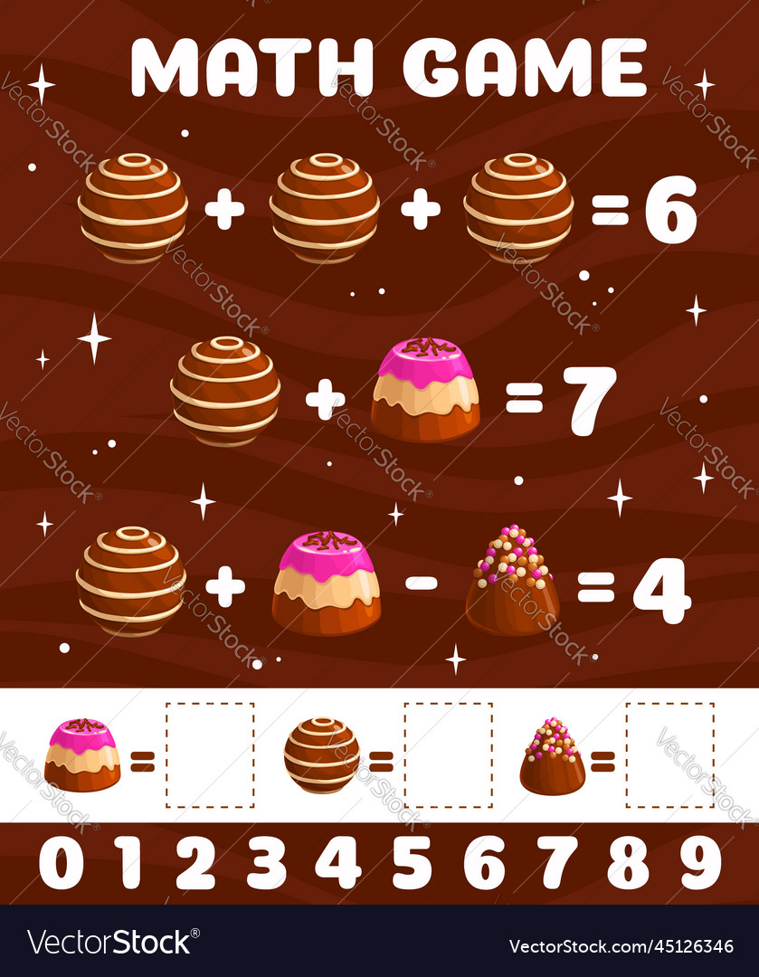 Cartoon chocolate candies on math game worksheet Vector Image