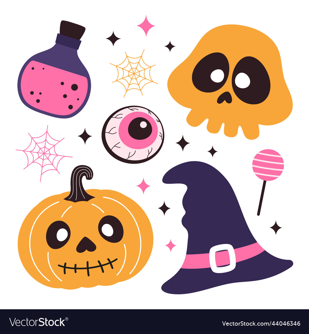 Halloween with pumpkin skull and witch hat Vector Image