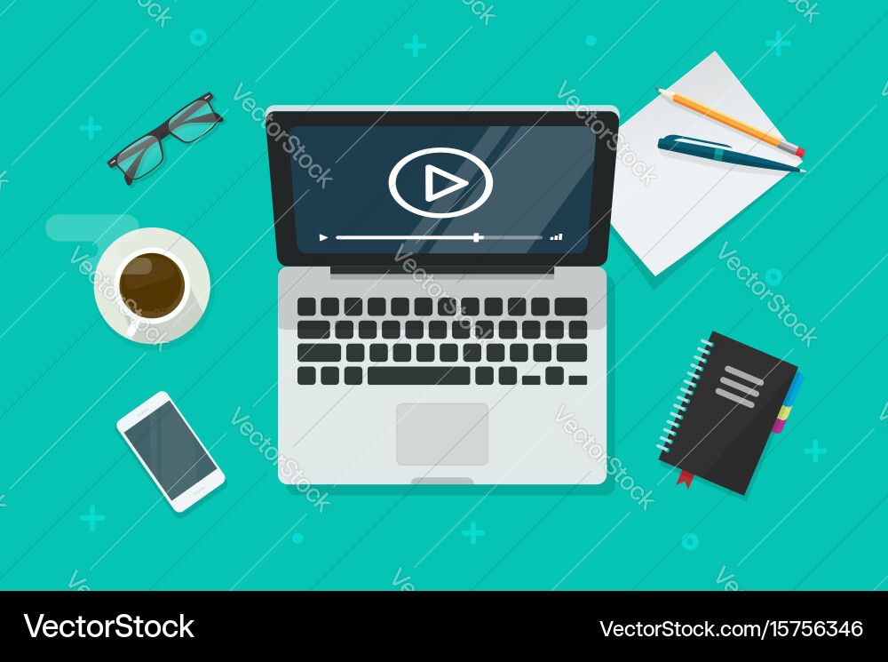 Video on laptop flat cartoon Royalty Free Vector Image