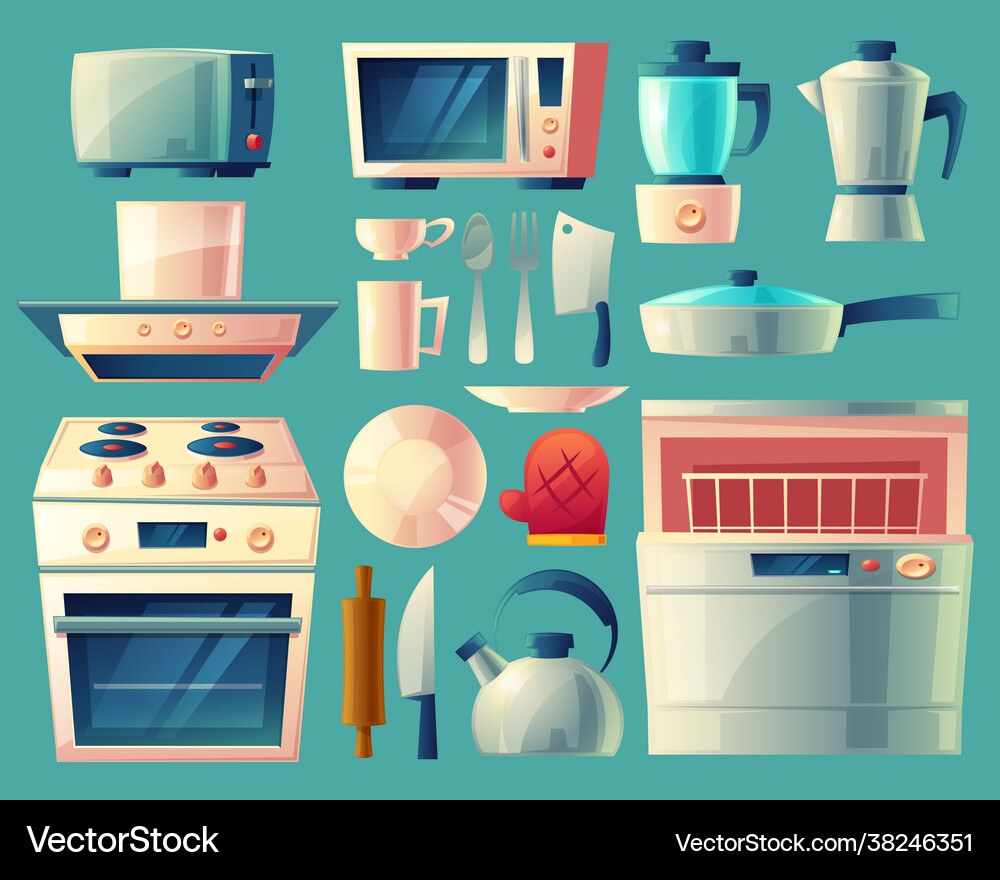Cartoon set kitchen appliances household Vector Image