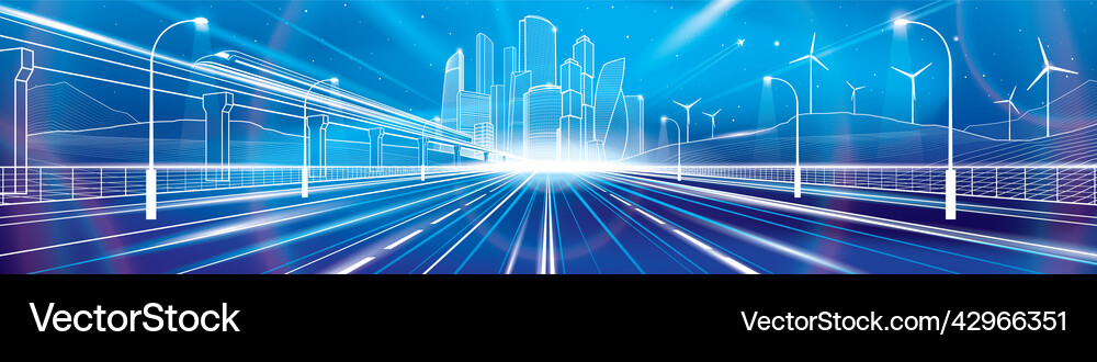 Night highway neon glow city train Royalty Free Vector Image