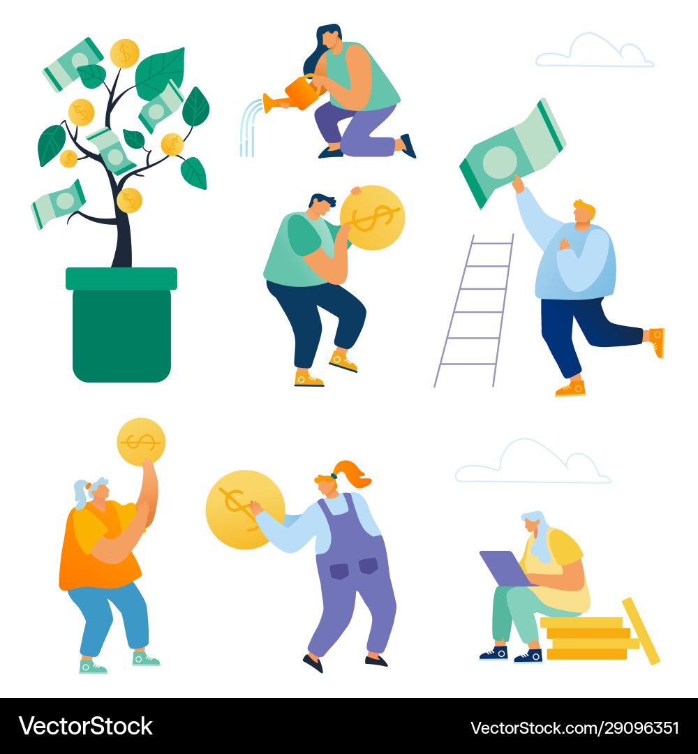 Set businesspeople growing money tree creating Vector Image