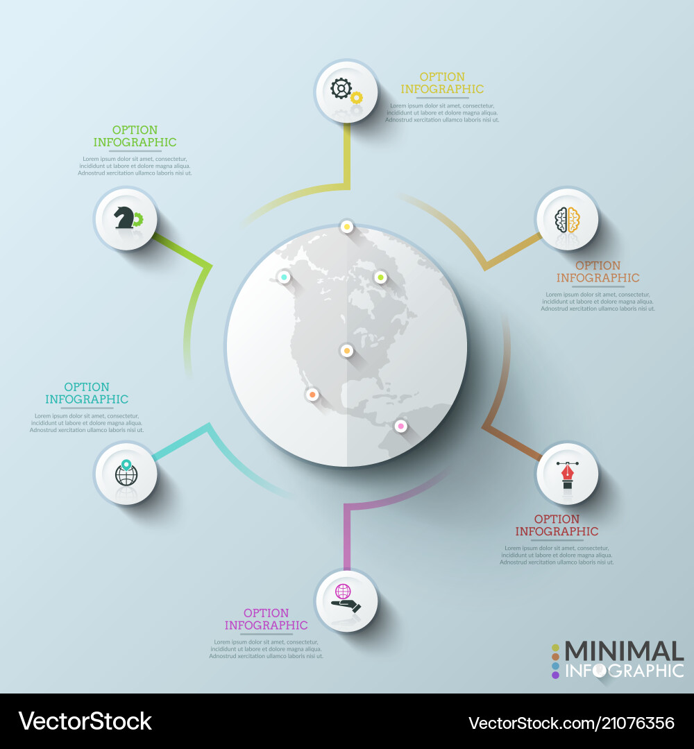 Earth with location pins surrounded by 6 circular Vector Image