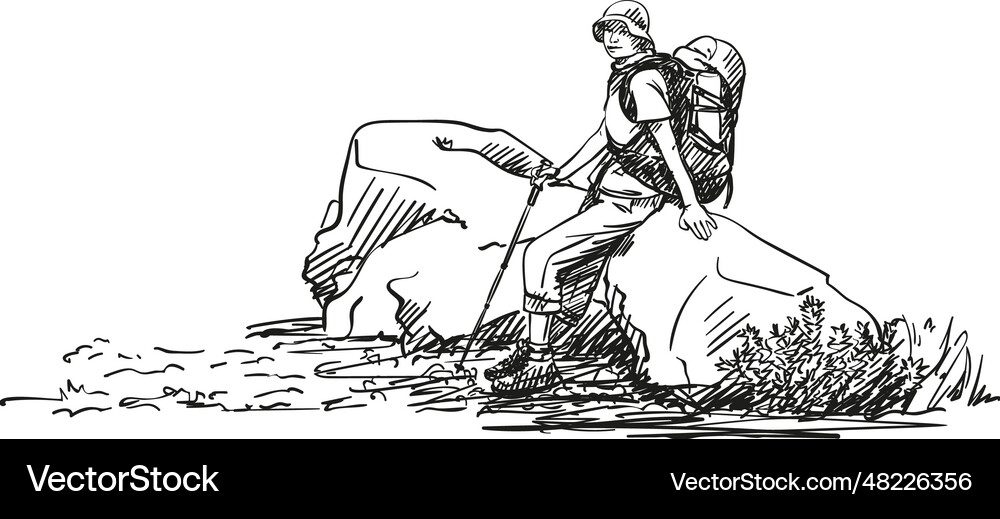 Female trekker with backpack sitting and resting Vector Image