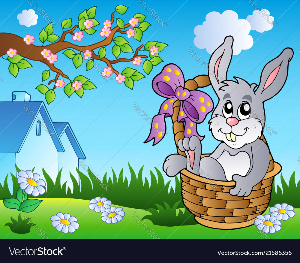 Spring meadow with bunny in basket Royalty Free Vector Image
