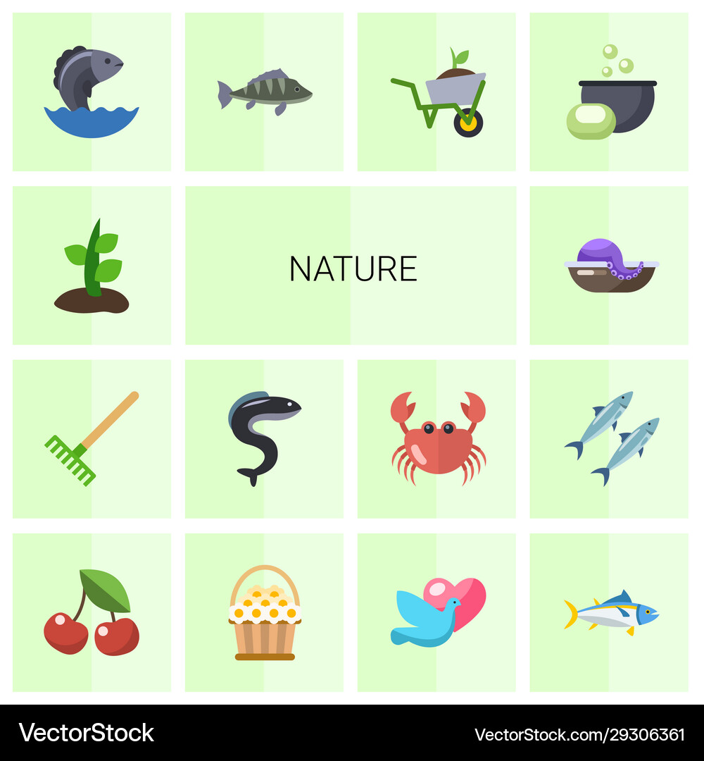 14 nature flat icons set isolated on white Vector Image