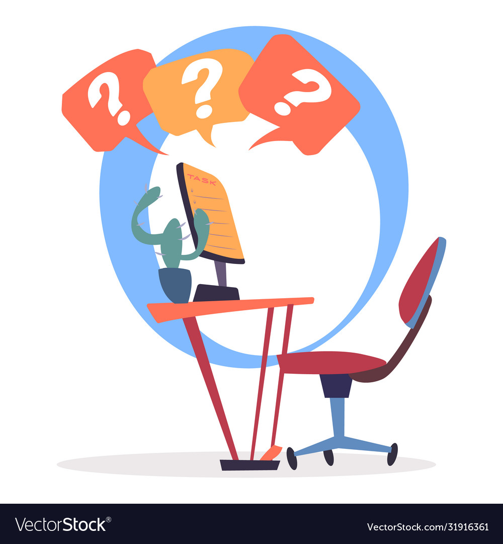 Computer on table bubbles with question marks Vector Image