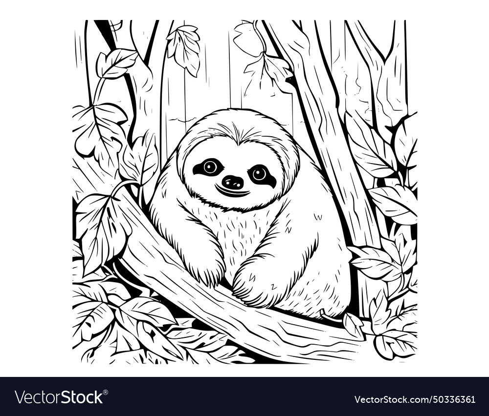 Cute sloth in forest coloring page for kids Vector Image