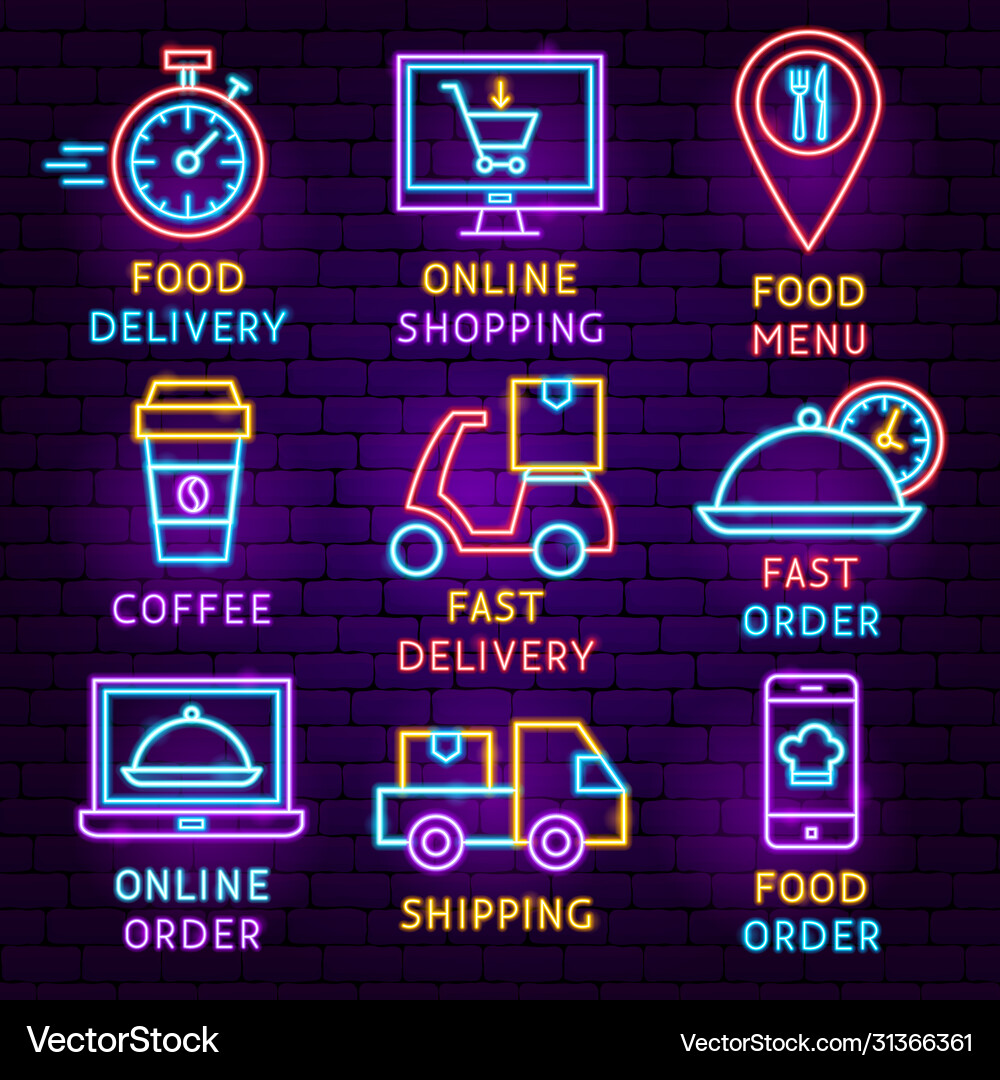 Food delivery neon label set Royalty Free Vector Image