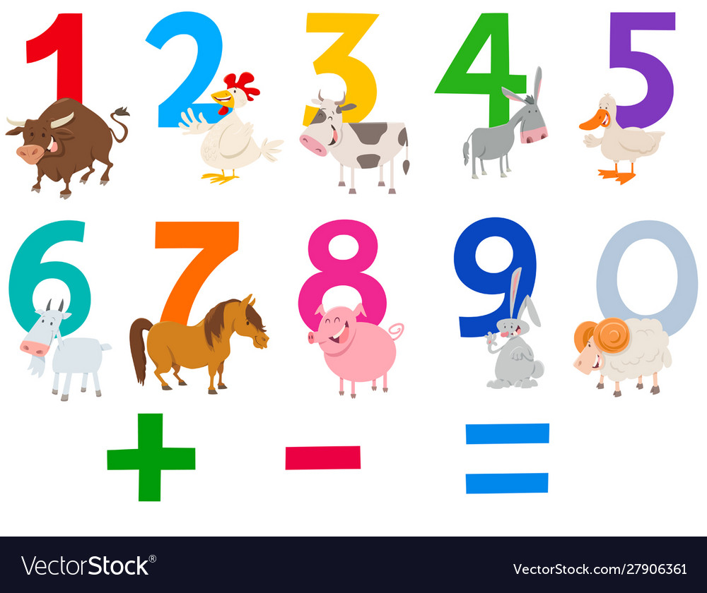 Numbers set with happy farm animals Royalty Free Vector