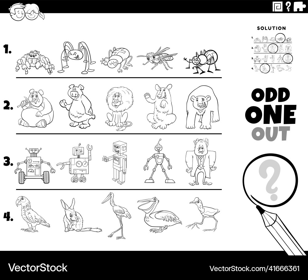 Odd one out game with cartoon characters coloring Vector Image