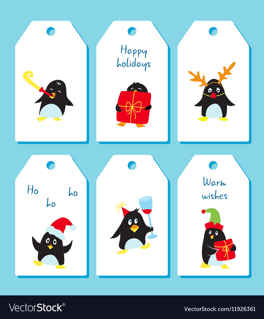 Set winter holiday tags with cute penguins Vector Image