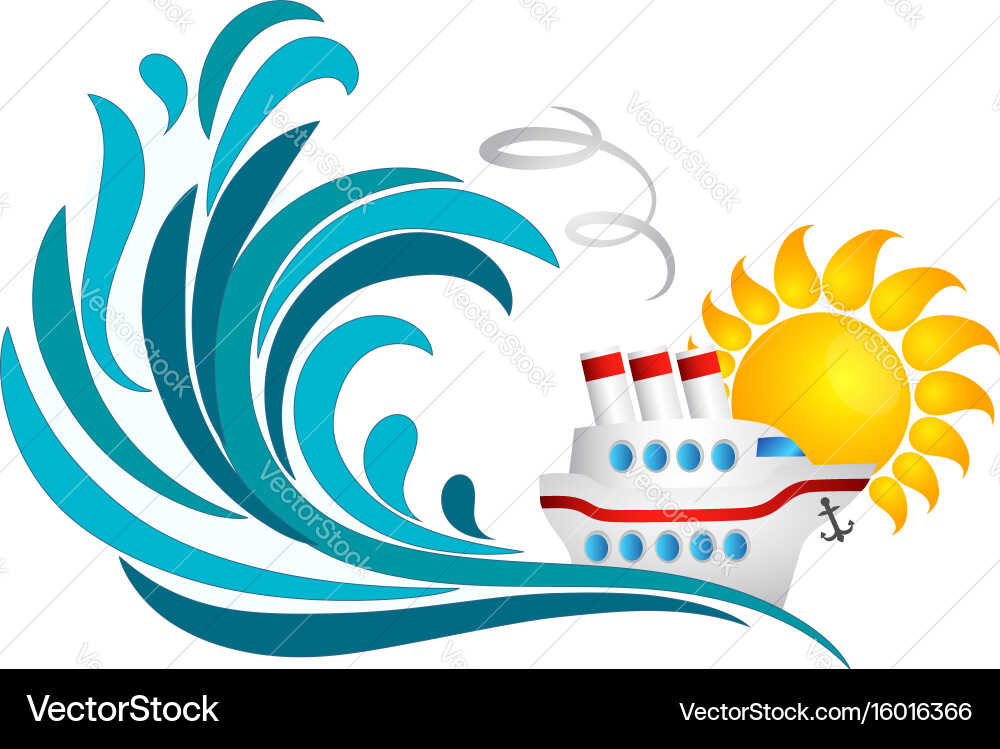 Sun sea wave and cruise ship Royalty Free Vector Image
