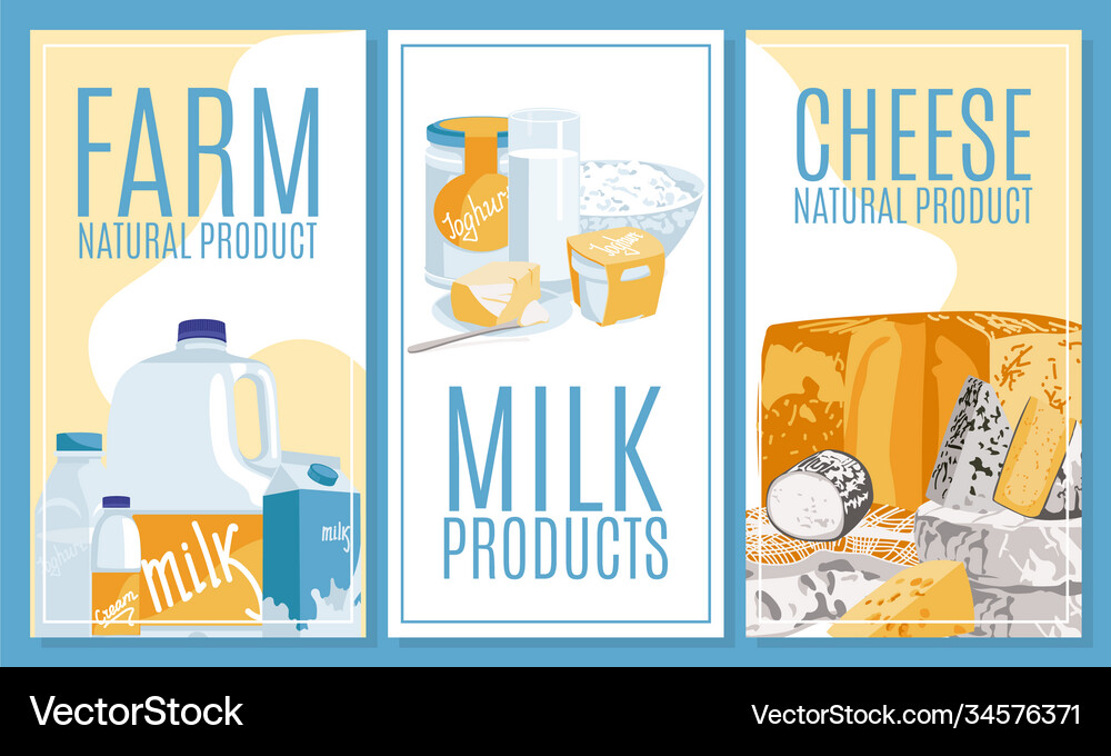 Farm dairy products cards set Royalty Free Vector Image
