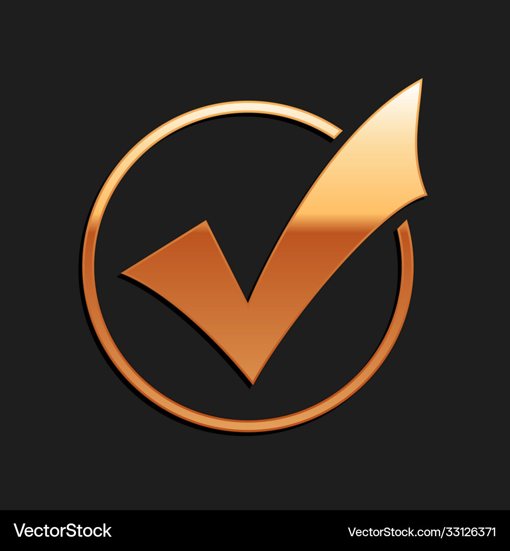 Gold check mark in round icon isolated on black Vector Image