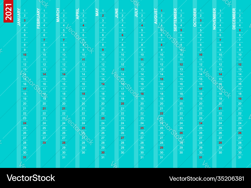 2021 vertical calendar with selected sundays Vector Image
