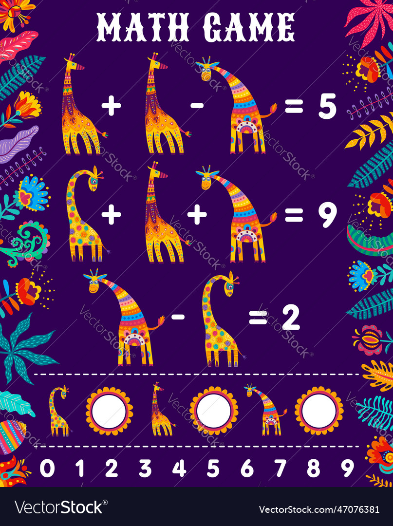 Math game worksheet african giraffes and flowers Vector Image