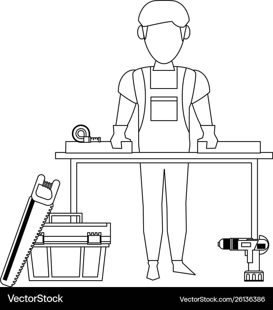 Carpenter working with wooden plank in black Vector Image