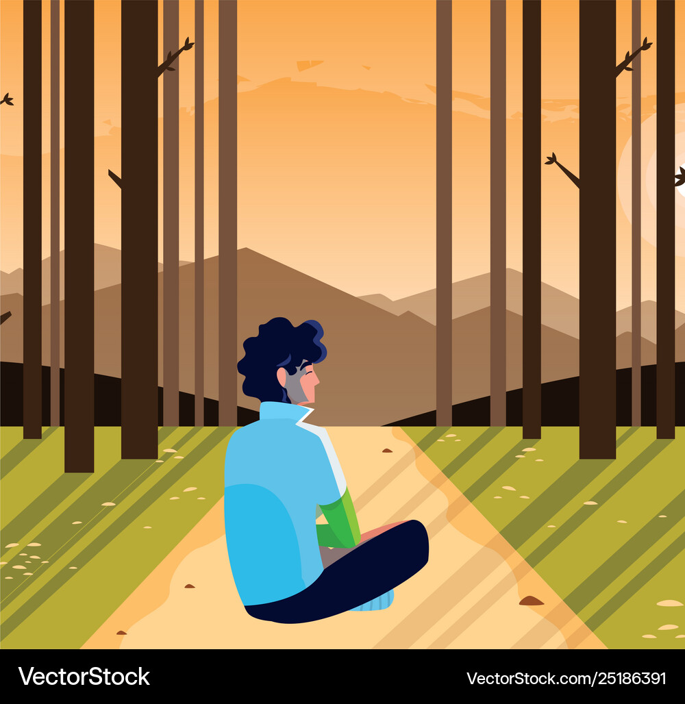 Man contemplating horizon in forest scene Vector Image