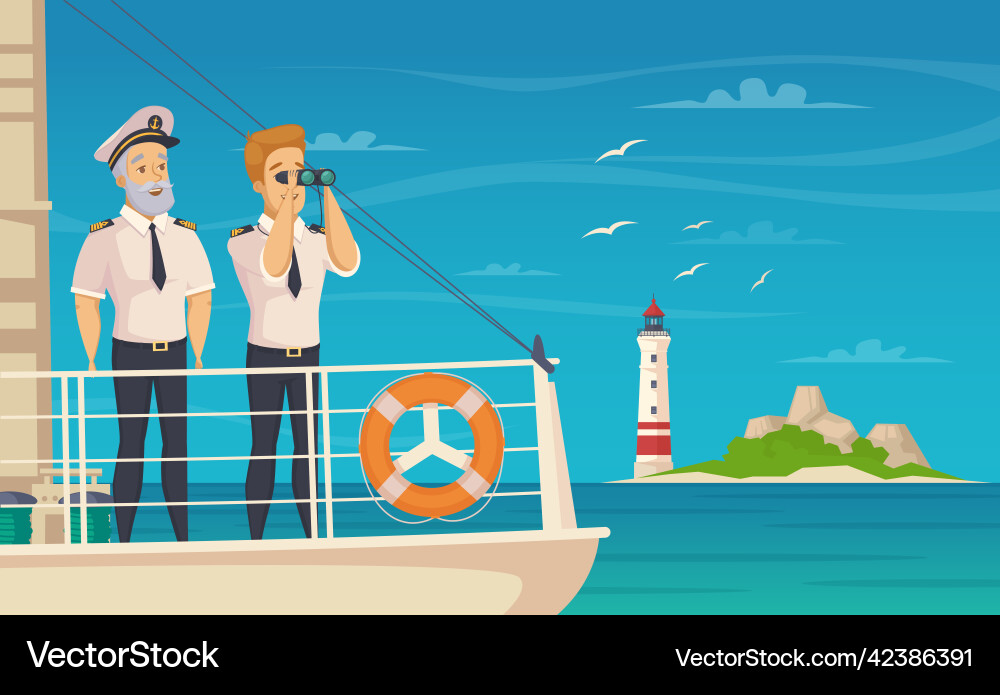 Ship crew captain cartoon poster Royalty Free Vector Image