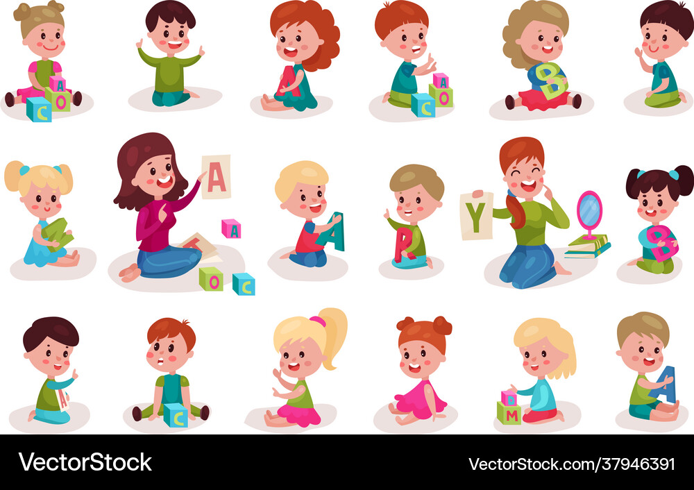 Young woman teaching and kid learning alphabet Vector Image