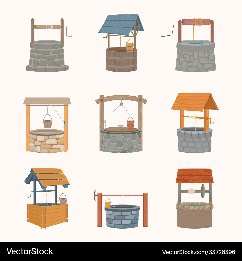 Water wells retro set antique stone faced Vector Image
