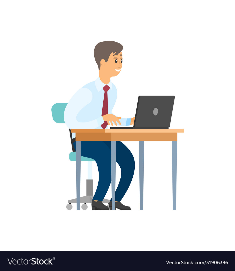 Worker in office sitting by table with laptop Vector Image