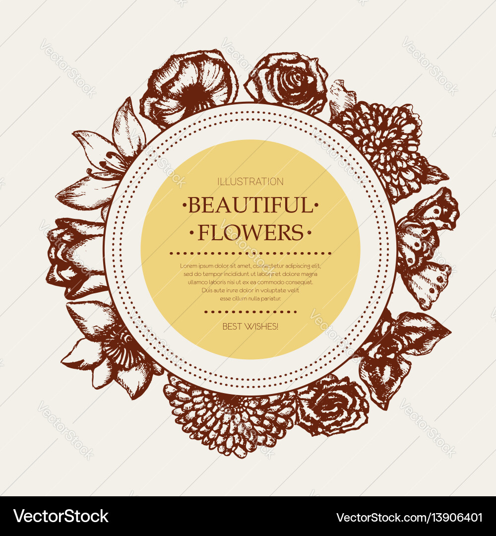 Beautiful flowers - monochromatic hand drawn round
