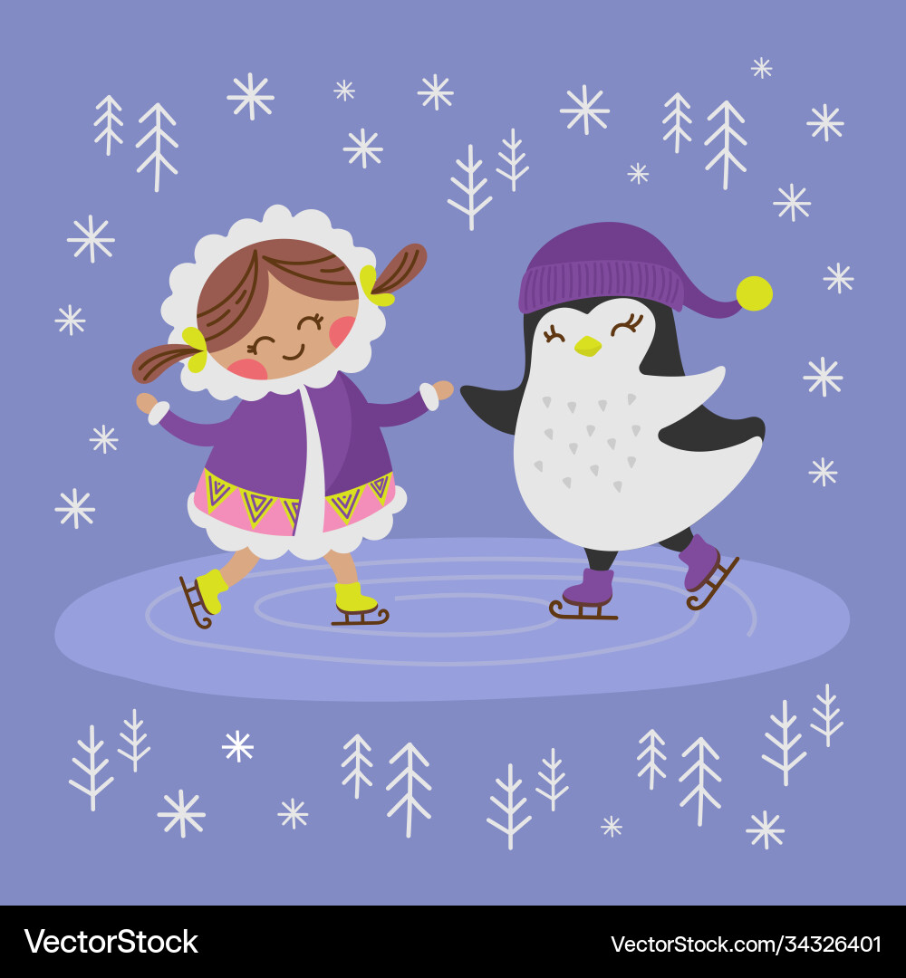 Eskimo girl and penguin flat design Royalty Free Vector