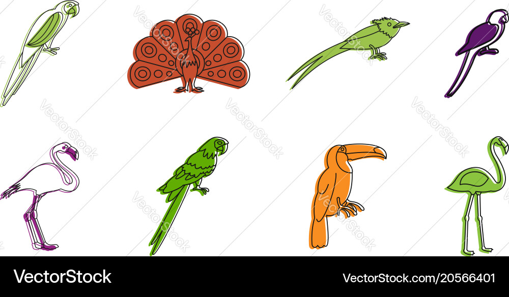 Exotic birds icon set color outline style Vector Image