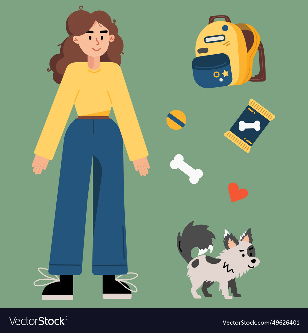 Happy young female character with dog set Vector Image