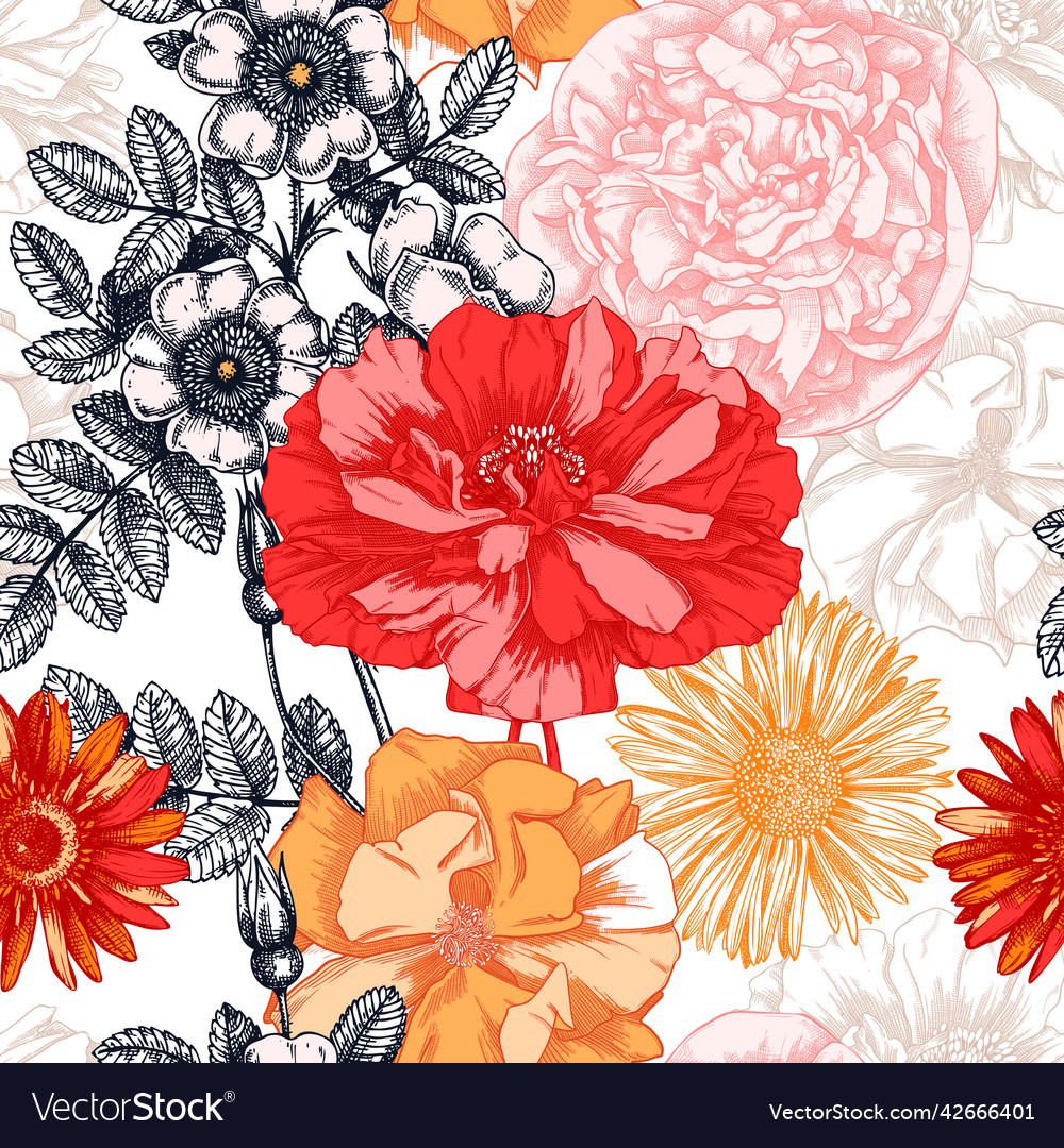 Summer flowers seamless pattern hand-sketched Vector Image Summer flowers seamless pattern hand-sketched Vector Image