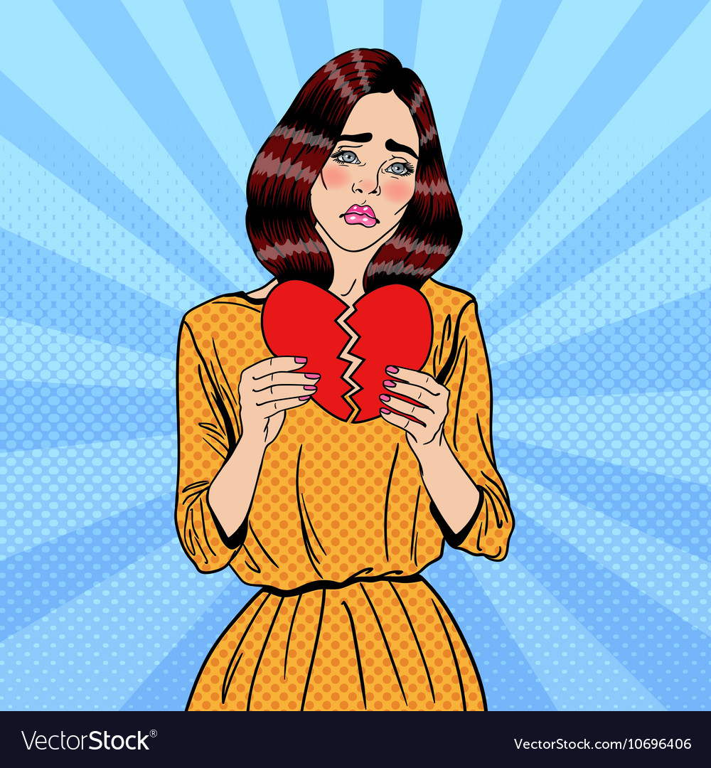 Sad unhappy pop art woman tearing paper red heart Vector Image