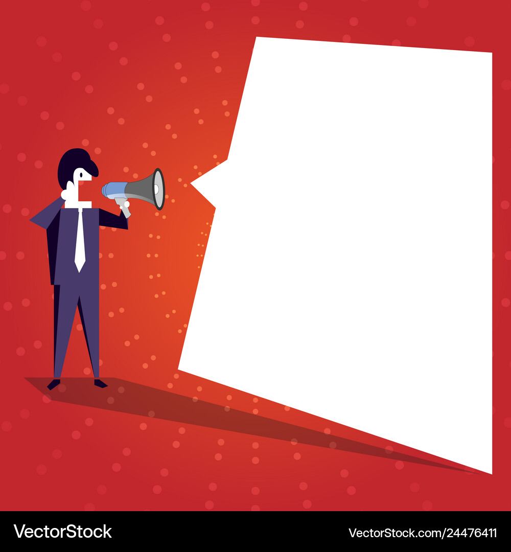 Businessman standing and shouting on megaphone Vector Image