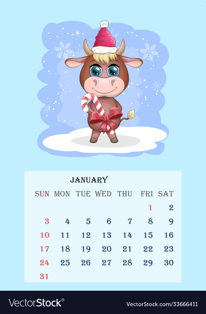 Calendar 2021 cute bull and cow for every month Vector Image