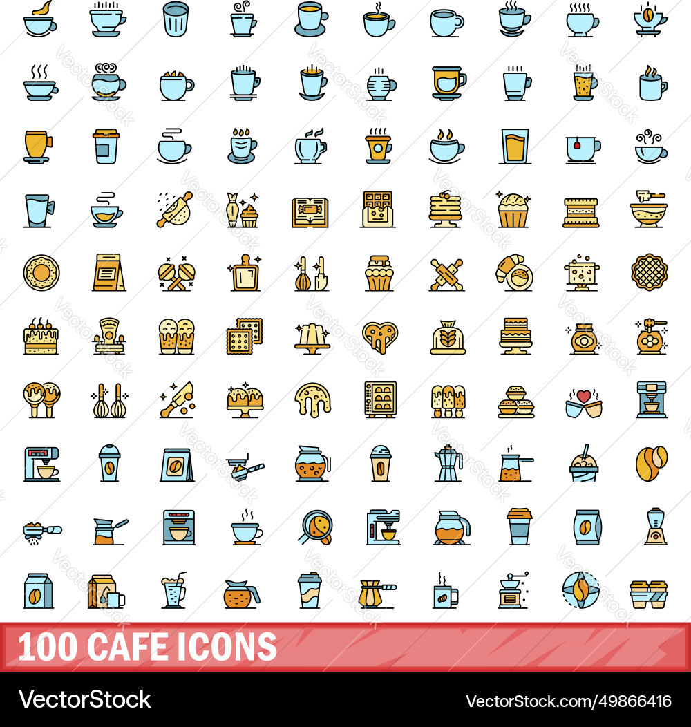 100 cafe icons set color line style Royalty Free Vector