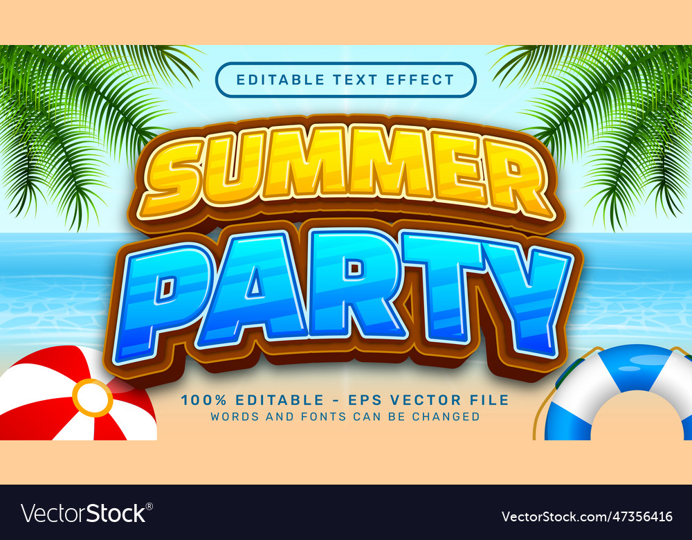 Summer party 3d editable text effect and sea Vector Image