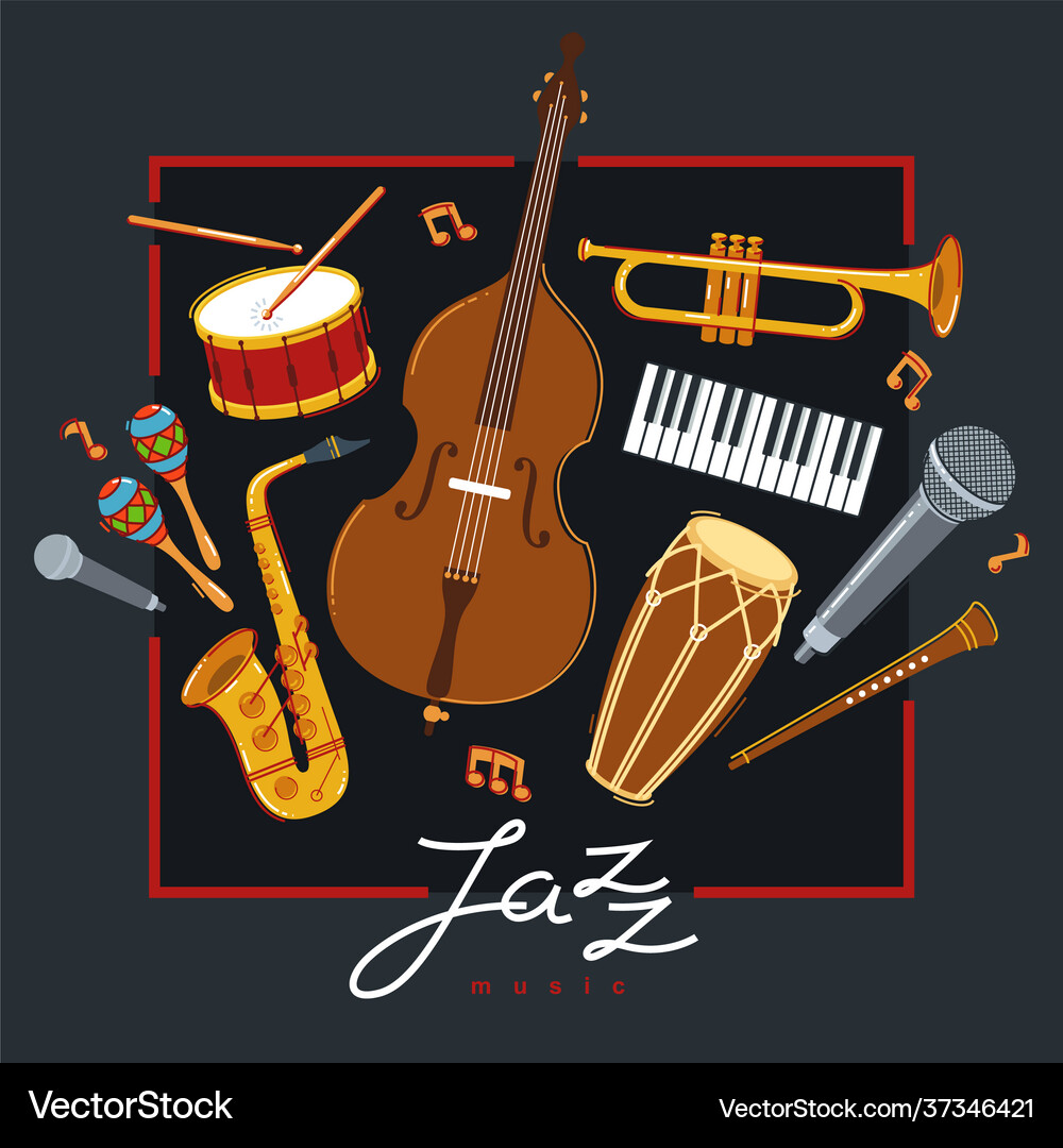 Jazz music band poster different instruments flat Vector Image