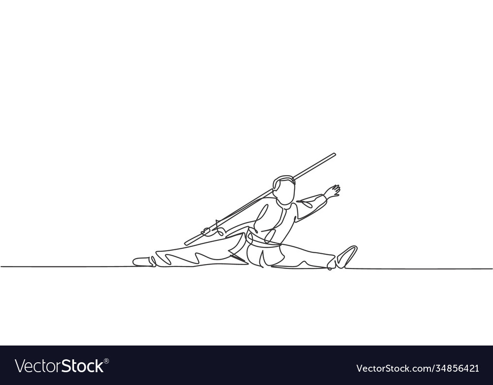 One continuous line drawing wushu master man Vector Image