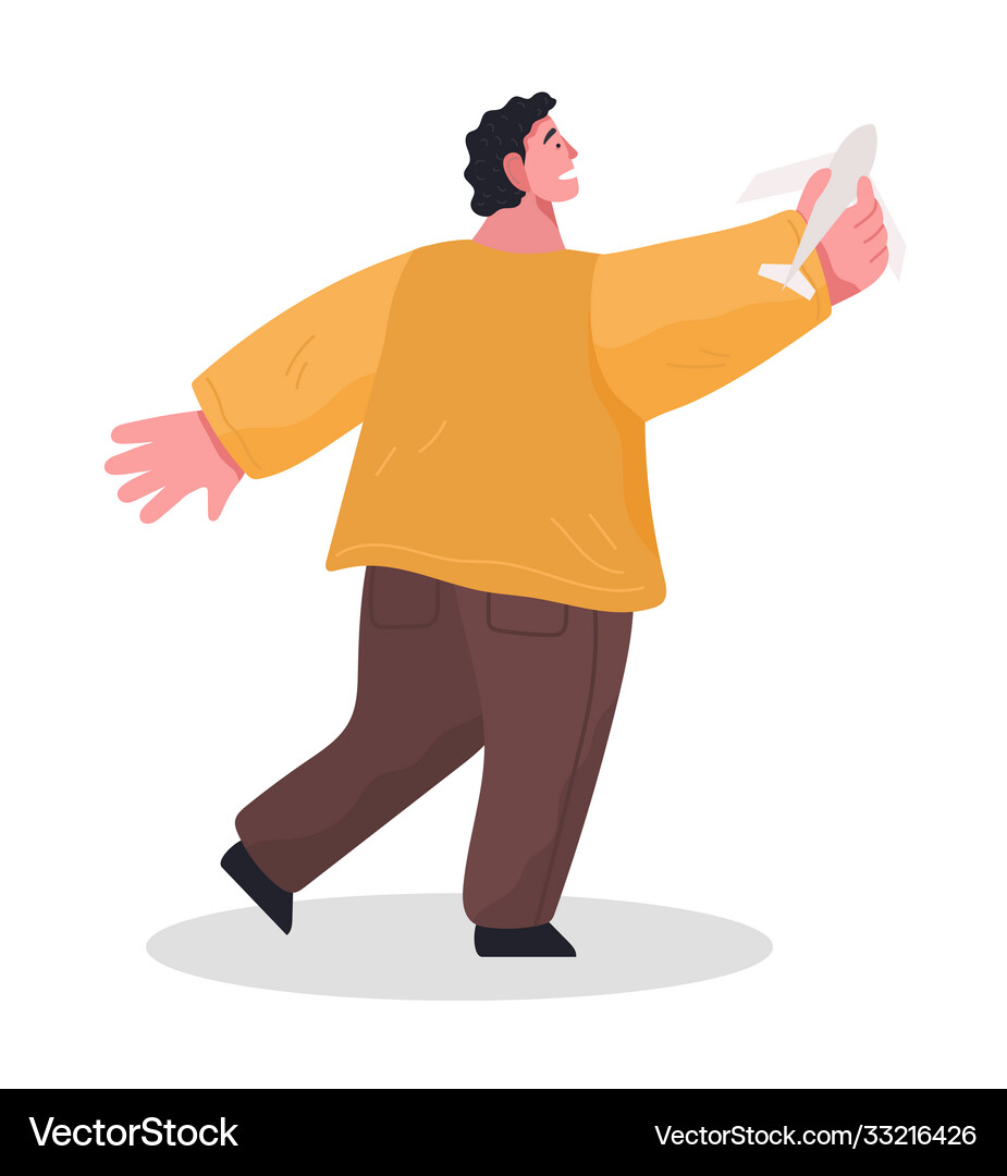 Young man throwing a paper airplane toward sky Vector Image