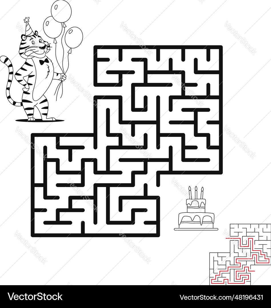 Maze game for kids with solution tiger and cake Vector Image