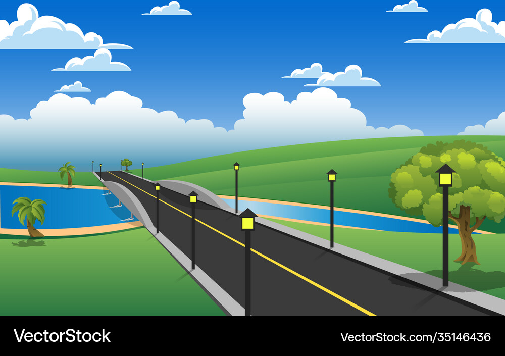 Landscape road on river to mountain Royalty Free Vector