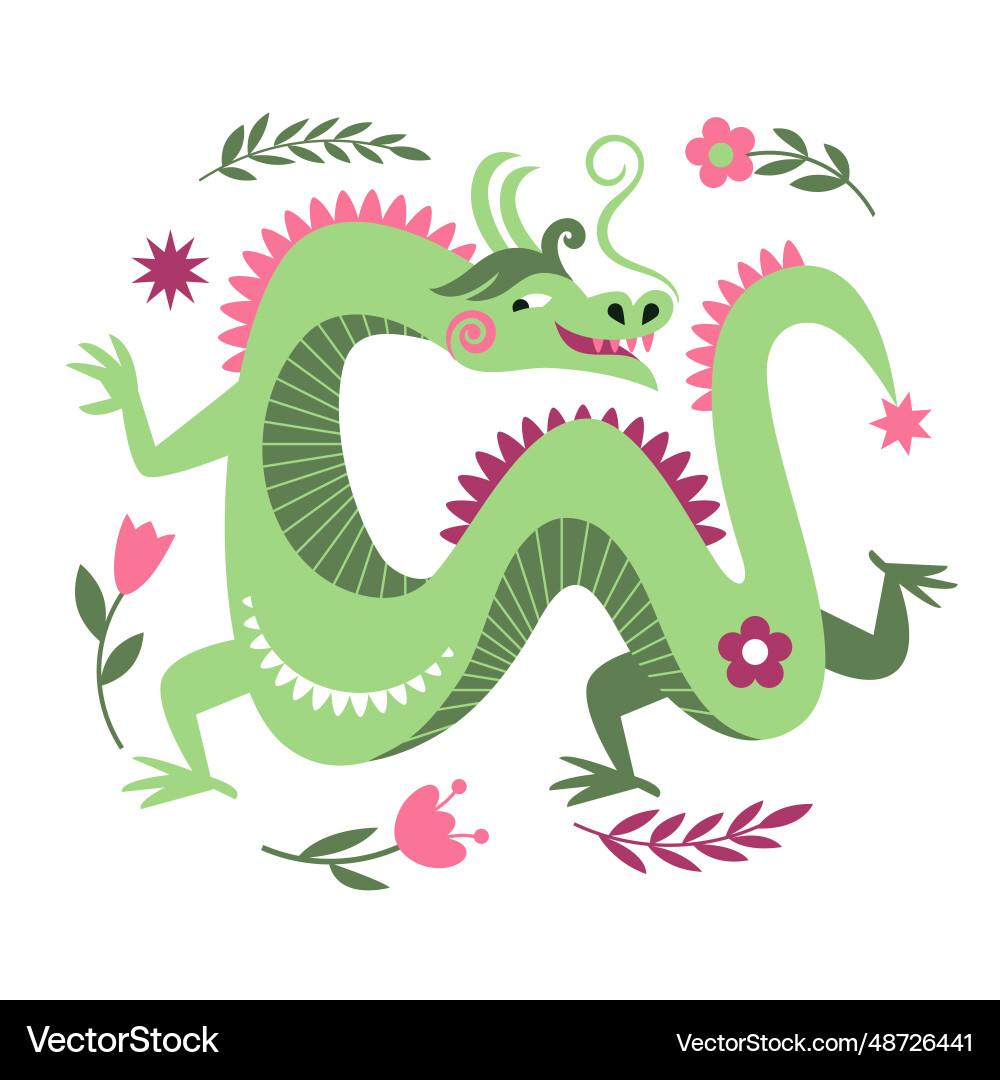 Cute green dragon and flowers Royalty Free Vector Image