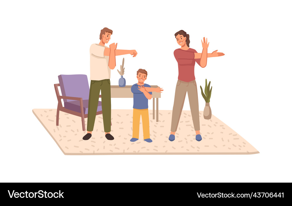 Parents and son exercise together at home Vector Image