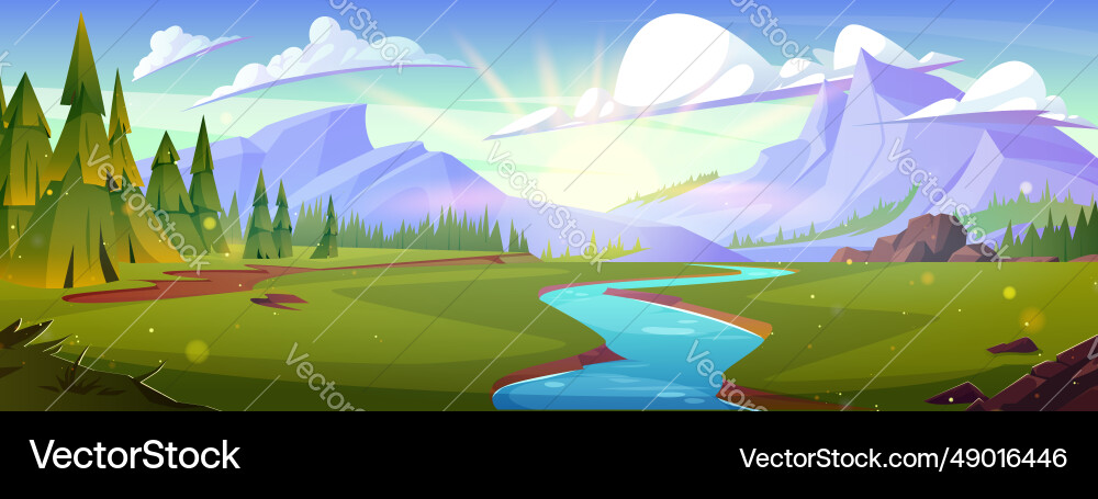 Mountain landscape with river in green valley Vector Image