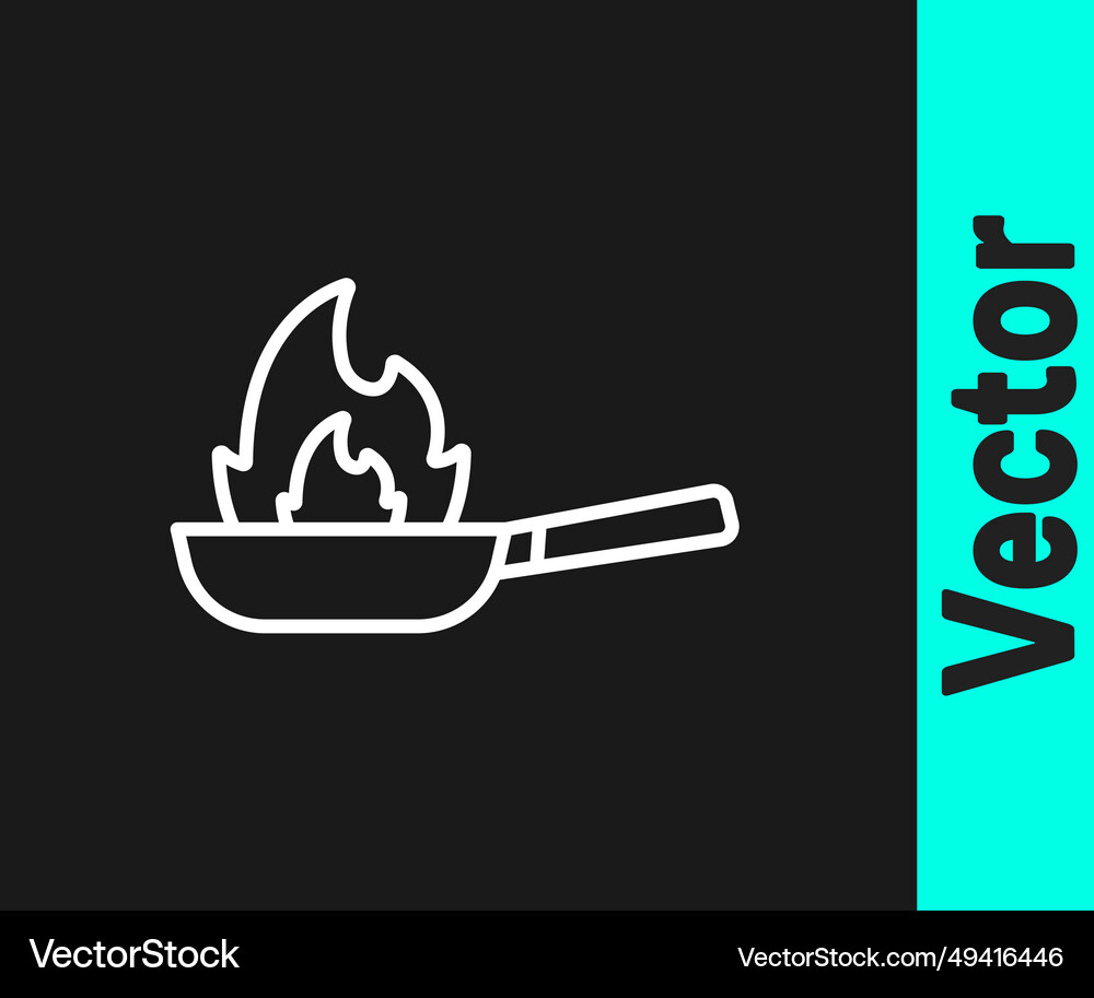 White line pan with fire icon isolated on black Vector Image