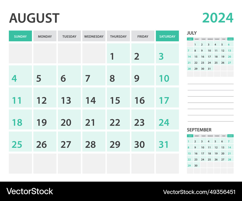 Calendar 2024 template- august year monthly Vector Image